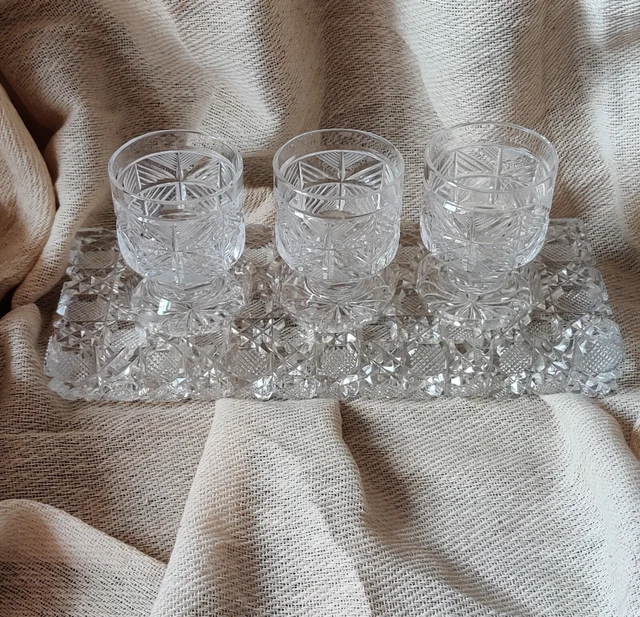 ANTIQUE HARVARD CANE American Brilliant Cut 3 Shot Glasses &Tray ...