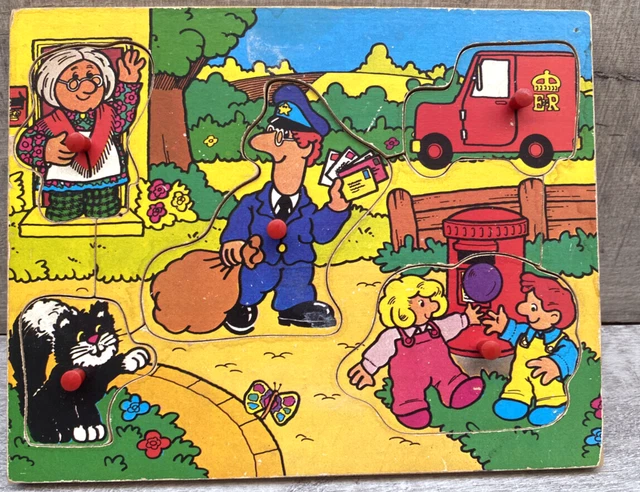 VINTAGE POSTMAN PAT Wooden Peg Puzzle Colour 5 Piece Jess Goggins Ted ...
