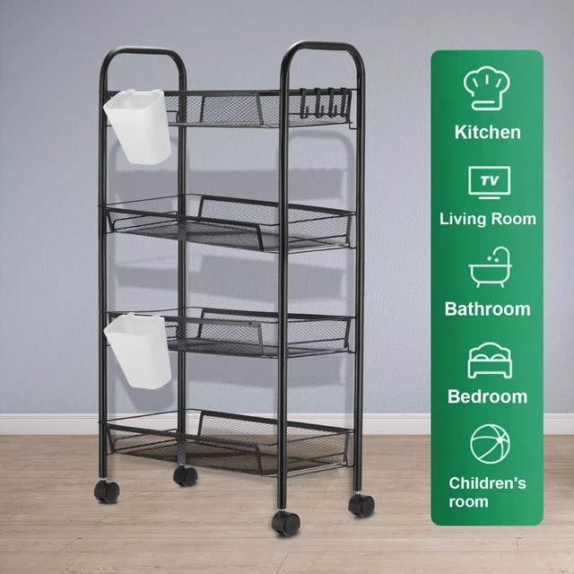 ROLLING KITCHEN TROLLEY Cart 4-Tier Wood Storage Drawers Shelves with ...