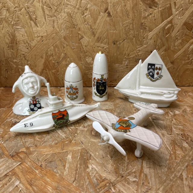 4 VINTAGE CARLTON China Crested Ware Yacht Jester, Plane, Cannon Shell ...