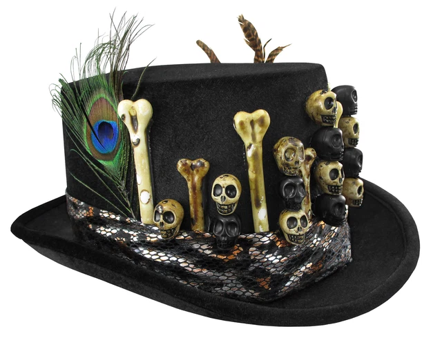 ADULT BLACK VOODOO Top Hat Skull Bones Feather Witch Doctor Costume ...