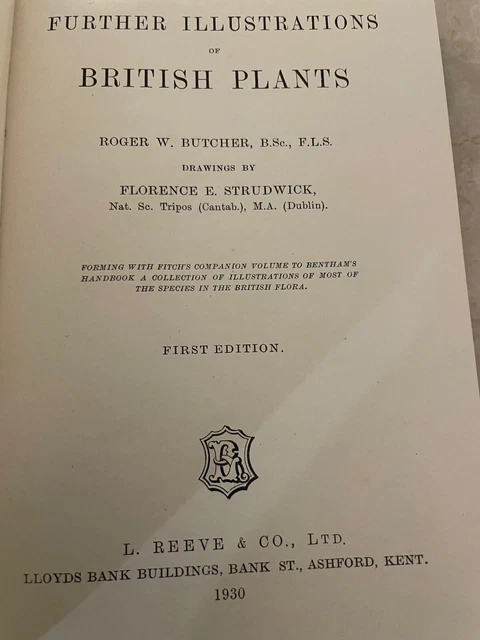 FURTHER ILLUSTRATIONS OF British Plants by Roger Butcher 1930 1st ed ...