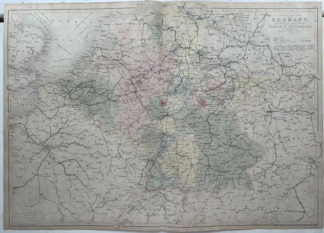 1851 CENTRAL EUROPE Railways Large Hand Coloured Antique Map By William ...