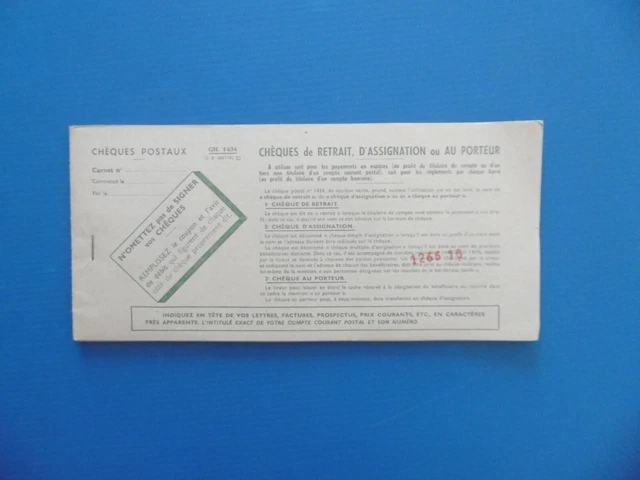 ANCIEN CARNET DE Cheques De Retrait , D'assignation Ou Au Porteur ...