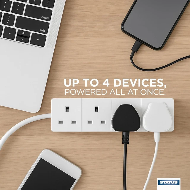 STATUS 4 WAY Extension Lead 1m UK Plug Multi Socket Power Strip White £ ...