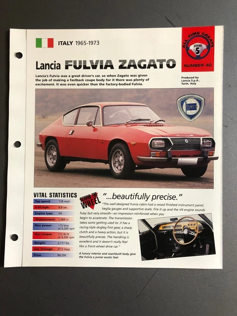1965 - 1973 Lancia Fulvia Zagato Coupe Imp " Chaud Voitures " Spec ...