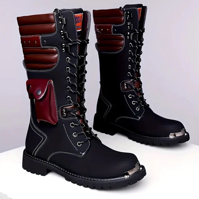 MENS MILITARY MOTORCYCLE Mid Calf Boots Riding Punk Lace Up Combat ...