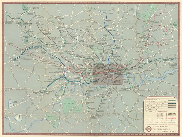 LONDON TRANSPORT UNDERGROUND Railway map #1 1938 old vintage plan chart ...
