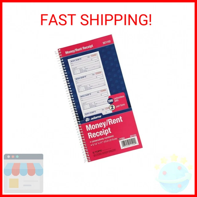 ADAMS MONEY AND Rent Receipt Book, 2-Part Carbonless, 5-1/4" x 11 ...