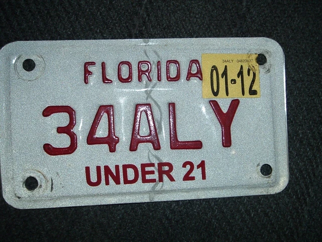 2012 FLORIDA MOTORCYCLE license plate for drivers under 21 (34ALY) $10. ...