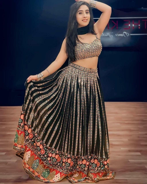 BRODERIE TRAVAIL NOIR Georgette Lehenga Choli Lazzari Jupe Haut Sari ...