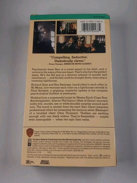 FINAL ANALYSIS (VHS) 1992 Richard Gere, Kim Basinger, Uma Thurman ...