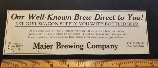 ORIGINAL PRO PRO 1908 Maier Brewing Co. Beer Bottle Ad. Los Angeles ...