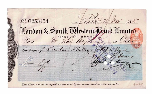 LONDON & SOUTH Western Bank Ltd, cheque issued in 1885 from FINSBURY ...