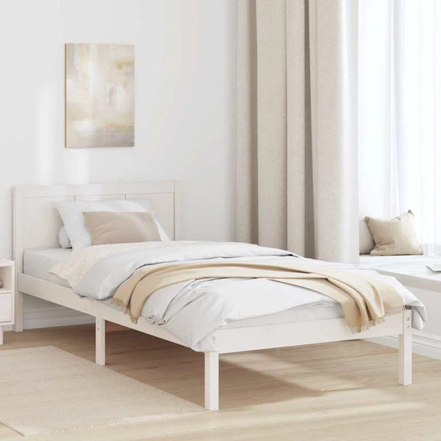 BED FRAME WHITE 100 x 200 cm Solid Pine Wood Minimal Headboard Low ...