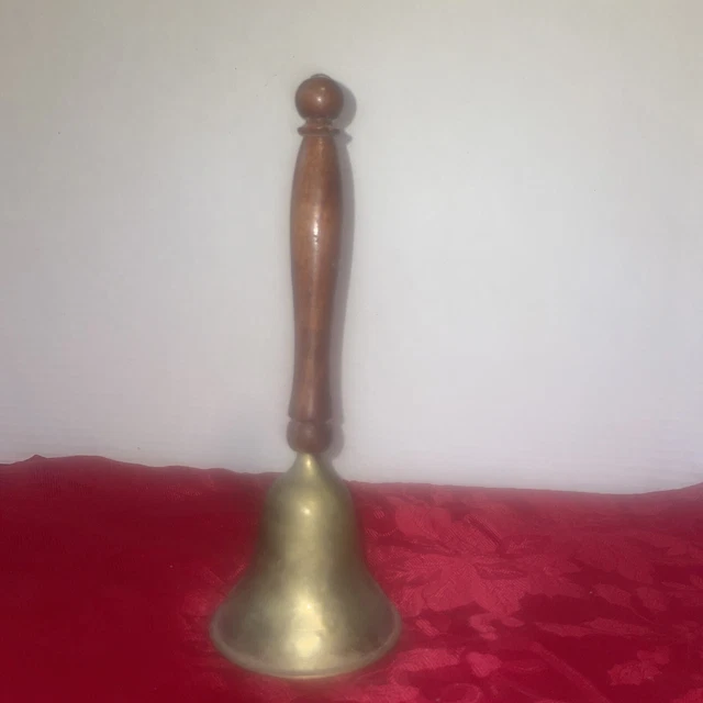 VINTAGE BRASS SCHOOL Bell Wood Handle 9" Tall Dinner Bell Hole And ...