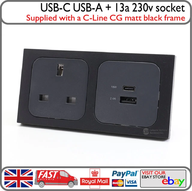 C-LINE 12V USB-C USB-A & Mains 240v 13a Socket Matt Black Frame ...