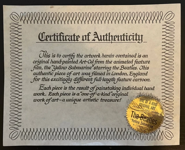 CERTIFICATE OF AUTHENTICITY Hand Painted Art-Cel The Beatles Yellow ...