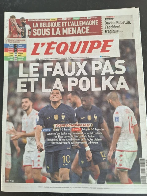 L'ÉQUIPE N°24946 01/12/2022 FRANCE TUNISIE 0-1 Coupe du monde 2022 EUR 8,00 - PicClick FR