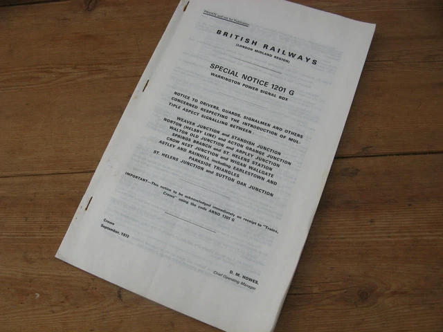 BRITISH RAILWAYS SPECIAL Notice 1201G- Warrington Signalling £6.00 ...