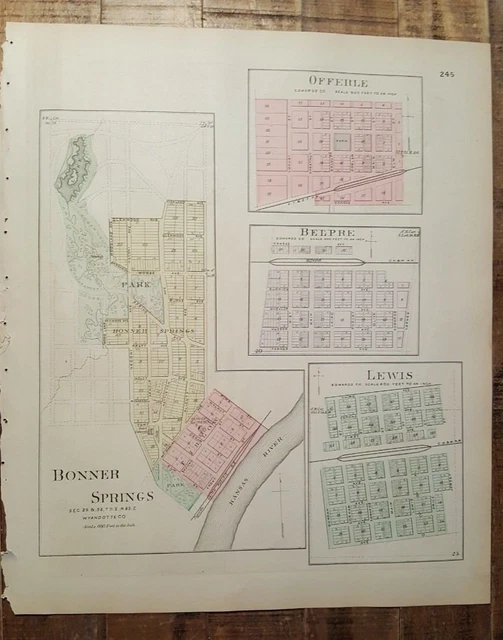 ANTIQUE COLORED MAP - BONNER SPRINGS & BELPRE or EDWARDS CO.- 1887 ...
