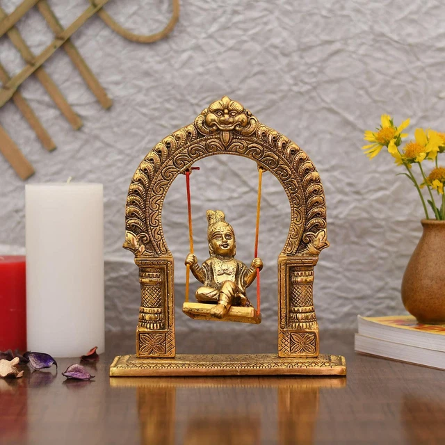 METAL BAL KRISHNA Laddu Gopal on Swing Idol Statue 9 x 7.5 x 2.5 Inches ...