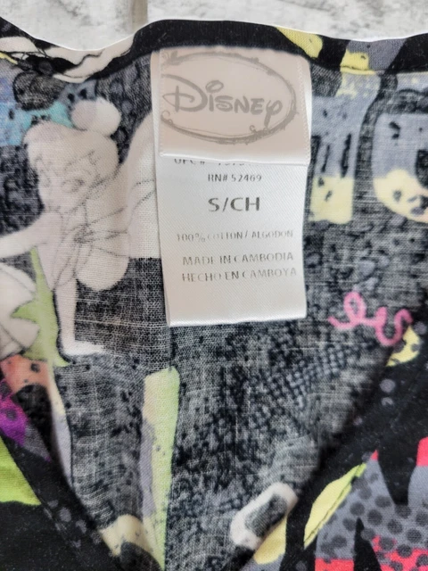 DISNEY TINKER BELL Black Scrub Top Women's Size S Smile Laugh Dance ...
