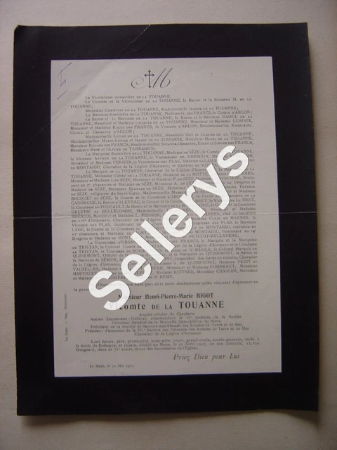 FAIRE-PART DE DÉCÈS de Henri Pierre Marie BIGOT Vicomte de la Touanne Le Mans EUR 24,90 ...