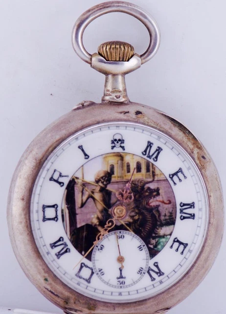 ANTIQUE FRENCH POCKET Watch Silver MEMENTO MORI Skeleton Enamel Dial ...