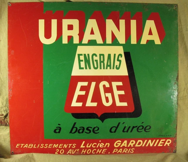 ANCIENNE TÔLE-PLAQUE EMAILLEE* URANIA ENGRAIS ELGE*Ets. GARDINIER L ...