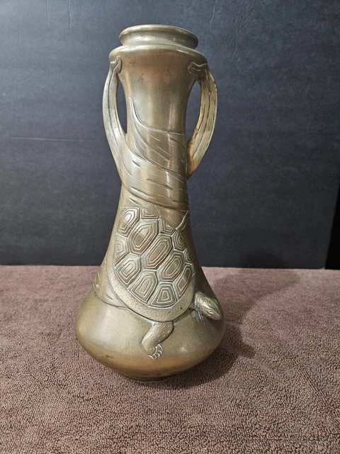 SIGNED VINTAGE JAPANESE Chinese Brass Turtle High Relief Vase 11 7/8 ...