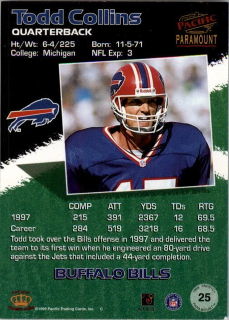 CARTE DE FOOTBALL 1998 Paramount platine bleu Buffalo Bills #25 Todd ...