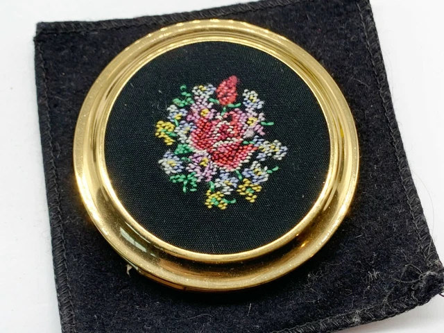 VINTAGE PETIT POINT Black Floral Ladies Powder Compact Mirror For ...