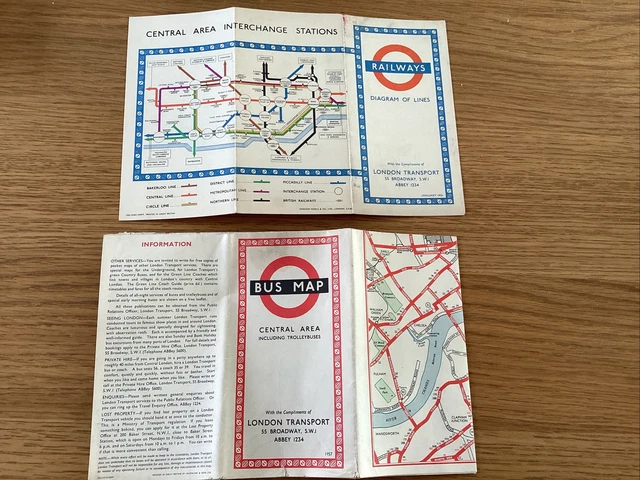 VINTAGE BUS AND Trolley Bus Central Area Map 1957 & London Underground ...