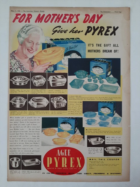 VINTAGE AUSTRALIAN ADVERTISING 1940 ad AGEE PYREX crown crystal ...