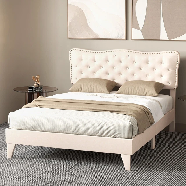 KING SIZE MODERN Linen Upholstered Platform Bed Frame Wooden Slats Bed ...