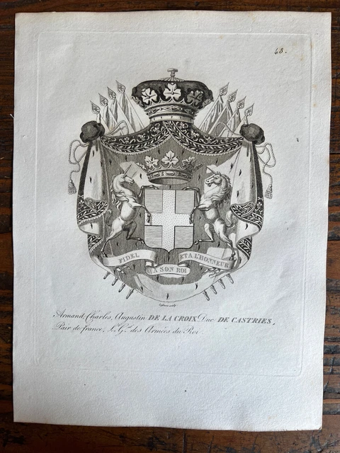 BLASON ARMOIRIE Héraldique Gravure De la Croix Duc de Castries Pair de ...