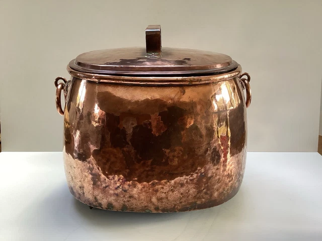 ANTIQUE LARGE HEAVY Copper Pot / Cauldron With Dovetail Joints And Lid ...