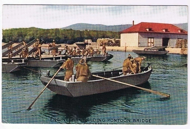 MILITARY POSTCARD WW1 US Army Engineers Building Pontoon Bridge Brown ...