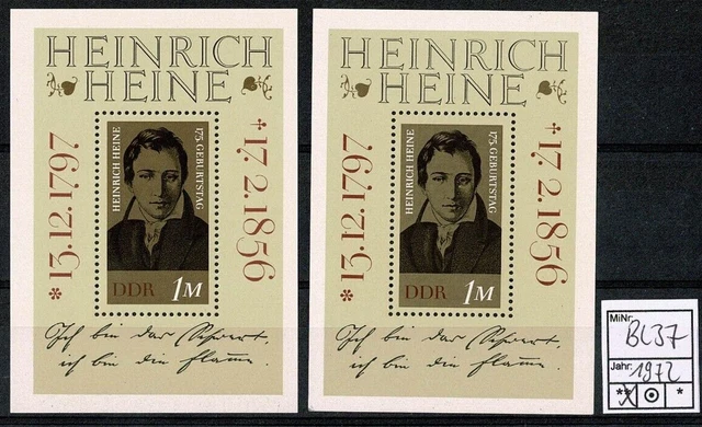 BRIEFMARKEN DDR,2X BLOCK 37, 175.Geburtstag von Heinrich Heine, postfrisch, 1972 EUR 1,00 ...