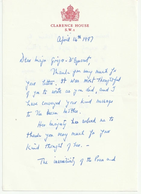 QUEEN MOTHER HANDWRITTEN Letter - British Royal Family 1984 - About ...