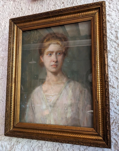 ANCIEN PASTEL TABLEAU signé peinture portait femme cadre doré art nouveau déco EUR 170,00 ...