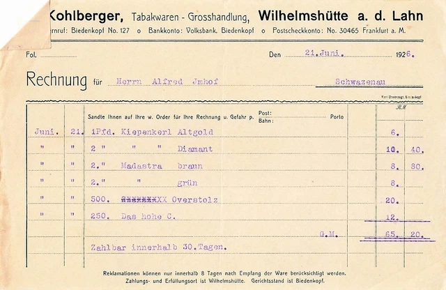 OLD INVOICE RECEIPT 1926 Kohlberger tobacco tobacco cigarettes ...