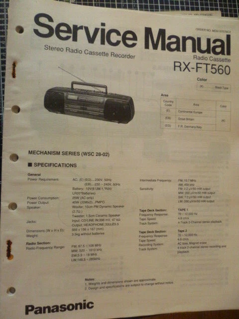 TECHNICS/PANASONIC RX-FT560 MANUALE di servizio cassette radio EUR 8,79 ...
