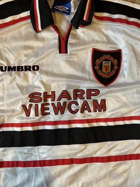 MANCHESTER UNITED SHARP VIEWCAM AWAY TREBLE 1999 MAN UTD White Shirt ...