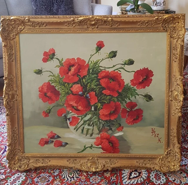 ÖLGEMÄLDE MOHNBLUMEN STRAUSS Ölbild Goldrahmen Barock Blumen Stillleben EUR 290,00 - PicClick DE