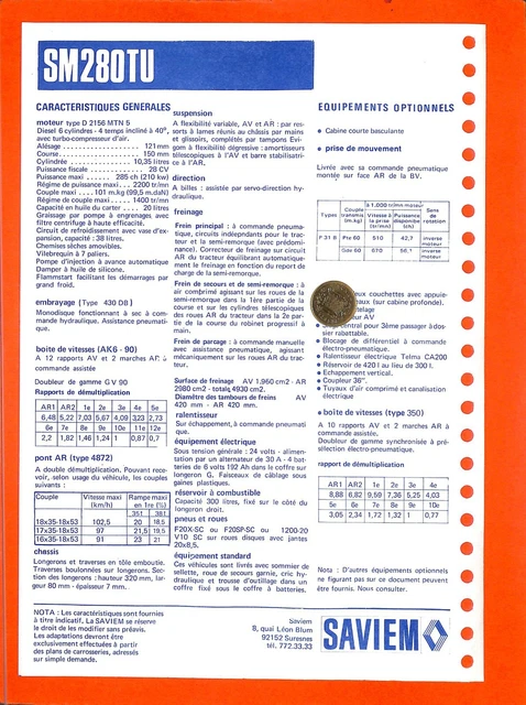 SAVIEM / FICHE TECHNIQUE / CHASSIS TRACTEUR SM 280 TU A de 1973 EUR 4 ... SAVIEM / FICHE TECHNIQUE / CHASSIS TRACTEUR SM 280 TU A de 1973 EUR 4 ...