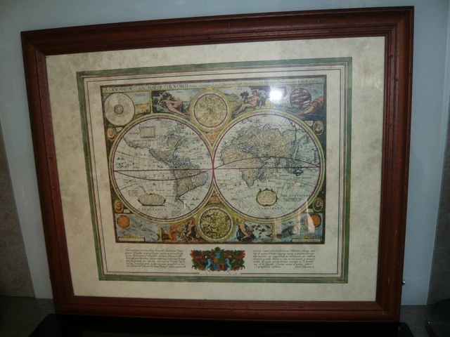 ANCIENNE CARTE MAPPEMONDE CADRE BOIS - Hauteur 47 cm x Largeur 57 cm ...