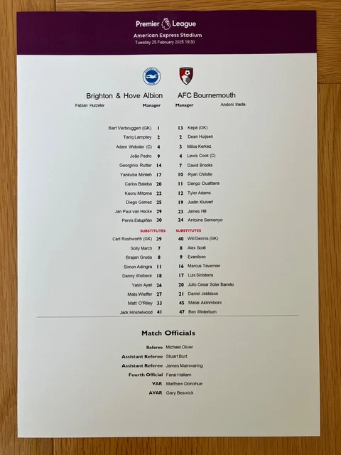 BRIGHTON V AFC Bournemouth 25 February 2025 Premier League A4 Colour ...