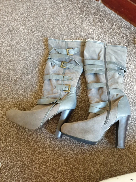 GREY BELOW THE knee boots size 6 suedette buckle effect detail with ...